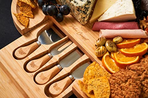 Bamboo Cheese Board & Knife Set of Puhu Concept - Elegant Gift for Women, Birthday, Wedding, Anniversary, Housewarming, Christmas, Special Days - Charcuterie Board for Cheese, Meat, Cracks and Wine