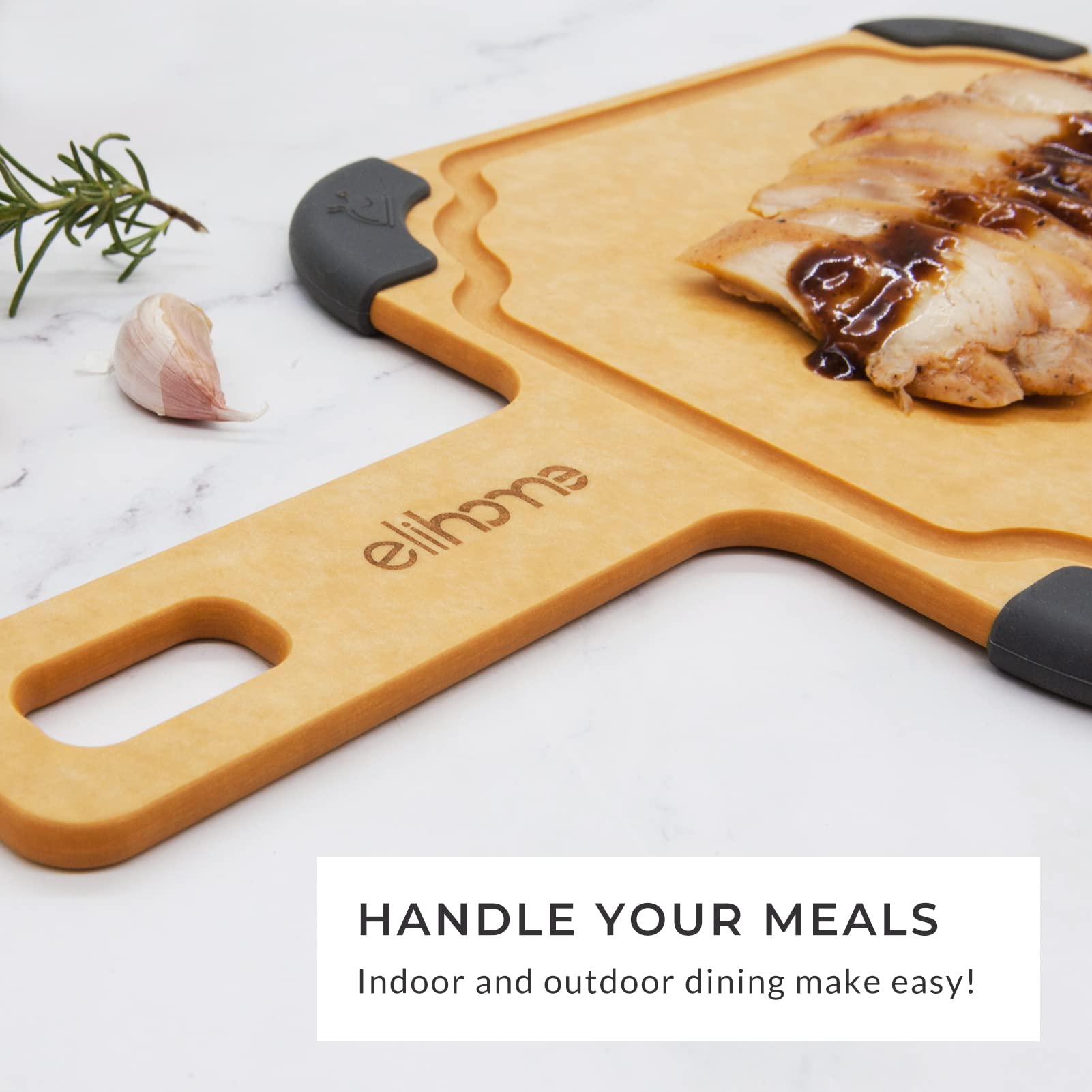 Elihome Paddle Series 2-in-1 Bundle, Wood Fiber Cutting Board & Serve Board with Handle, Knife Freindly, Dishwasher Safe, Non slip, Juice Groove, Reversible, 13" X 7" Medium & 18" x 7" Large