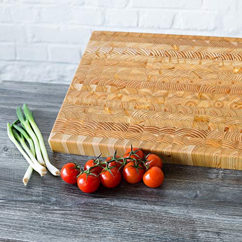 Larch Wood Canada End Grain Large Cutting Board, Handcrafted for Professional Chefs & Home Cooking, 21-5/8" x 13" x 1-3/4" plus Larch Wood Beeswax and Mineral Oil Conditioner (1.6 oz/ 45g)