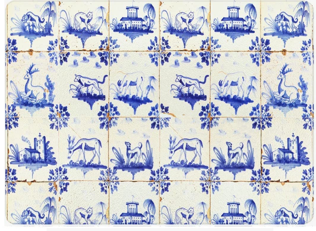 MARYE-KELLEY, Old Delft Tiles Tempered Glass Cutting/Serving Board, 15" x 12"