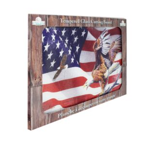 Rivers Edge Products Large 12in x 16in Decorative Tempered Glass Cutting Board, Hypoallergenic, Non Slip, Textured Surface Chopping Board for Kitchen, Bald Eagle and American Flag, American Flag Eagle