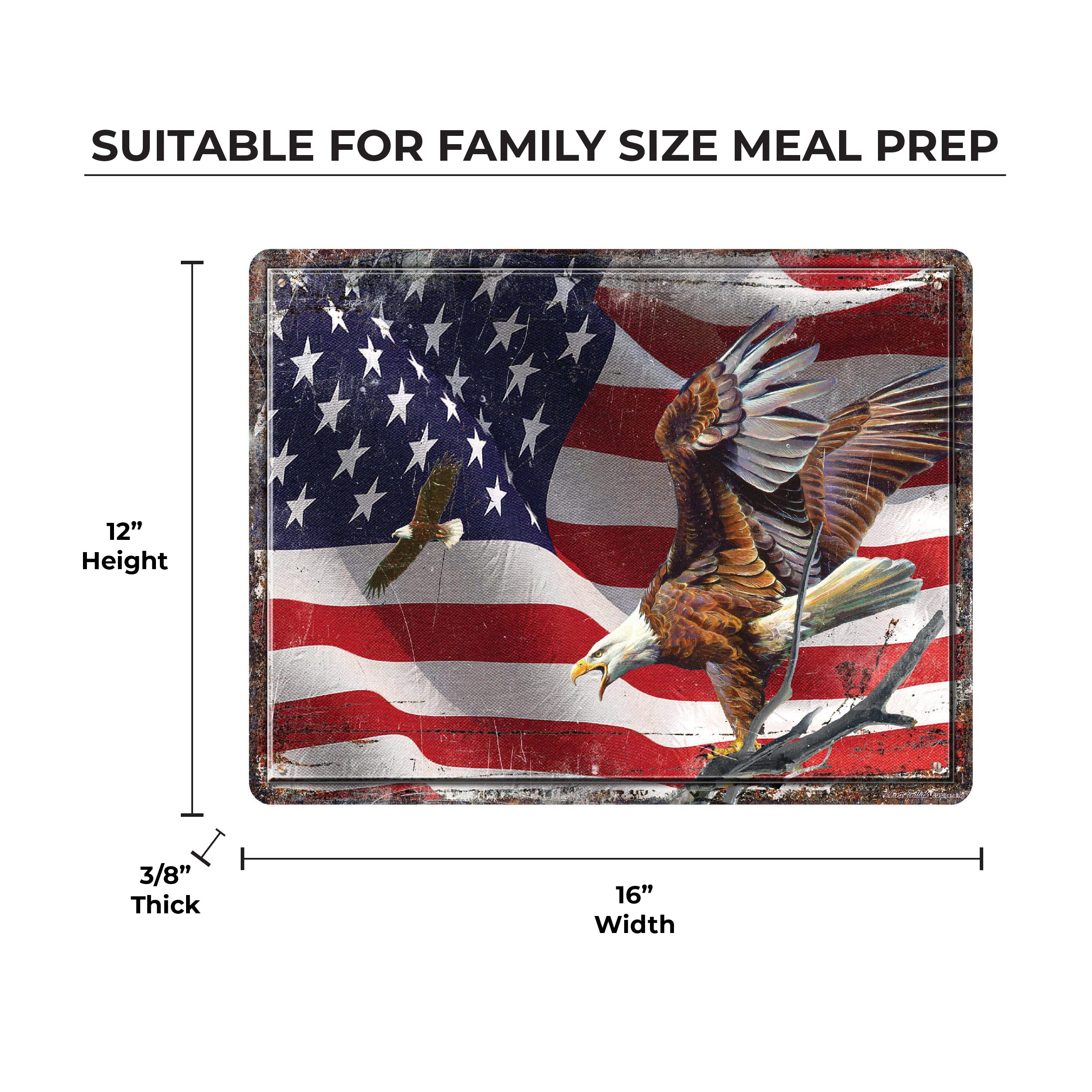 Rivers Edge Products Large 12in x 16in Decorative Tempered Glass Cutting Board, Hypoallergenic, Non Slip, Textured Surface Chopping Board for Kitchen, Bald Eagle and American Flag, American Flag Eagle