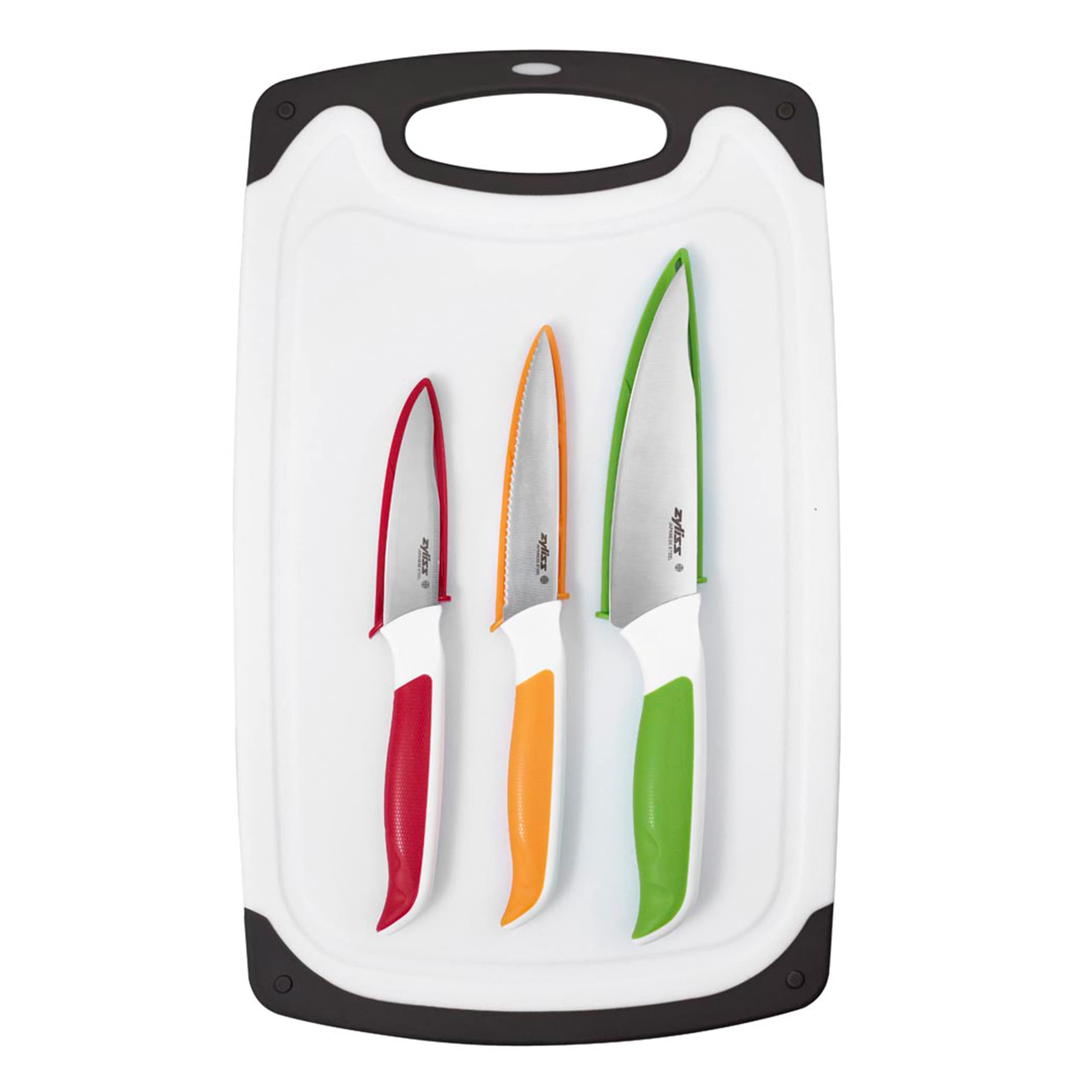 Zyliss Comfort Cutting Board & 3-Piece Knife Set - Japanese Stainless Steel Knife Set - Paring, Utility and Serrated Paring Knives - Plastic Cutting Board - Dishwasher & Hand Wash Safe - 4 Pieces