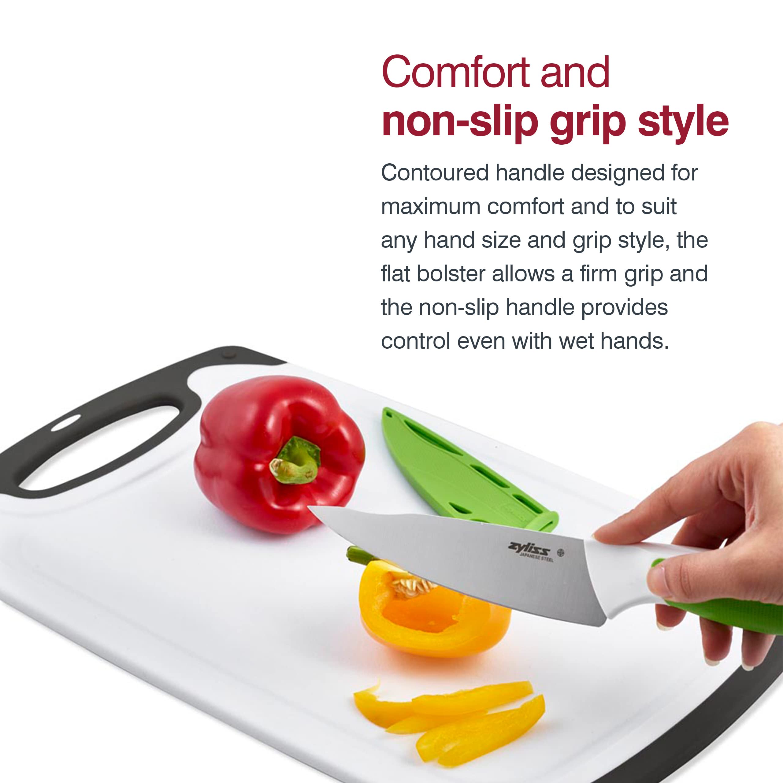 Zyliss Comfort Cutting Board & 3-Piece Knife Set - Japanese Stainless Steel Knife Set - Paring, Utility and Serrated Paring Knives - Plastic Cutting Board - Dishwasher & Hand Wash Safe - 4 Pieces