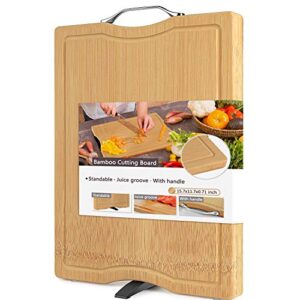 organic bamboo cutting board for kitchen with juice groove,upright stand chopping board with rotatable base, durable thick kitchen butcher block with handle for meat,vegetables -15 x 10 x 0.87 inch