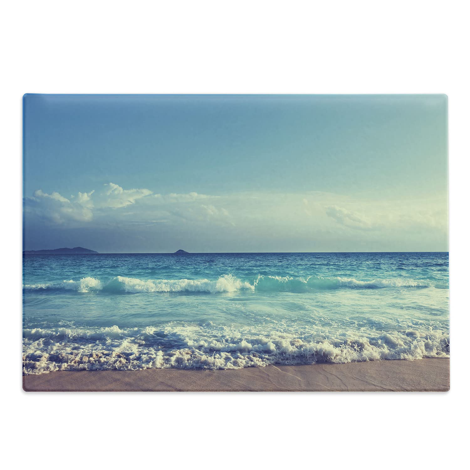 Ambesonne Tropical Island Cutting Board, Ocean Waves on Seychelles Beach at the Sunset Time Skyline, Decorative Tempered Glass Cutting and Serving Board, Large Size, Turquoise Sky Blue Umber