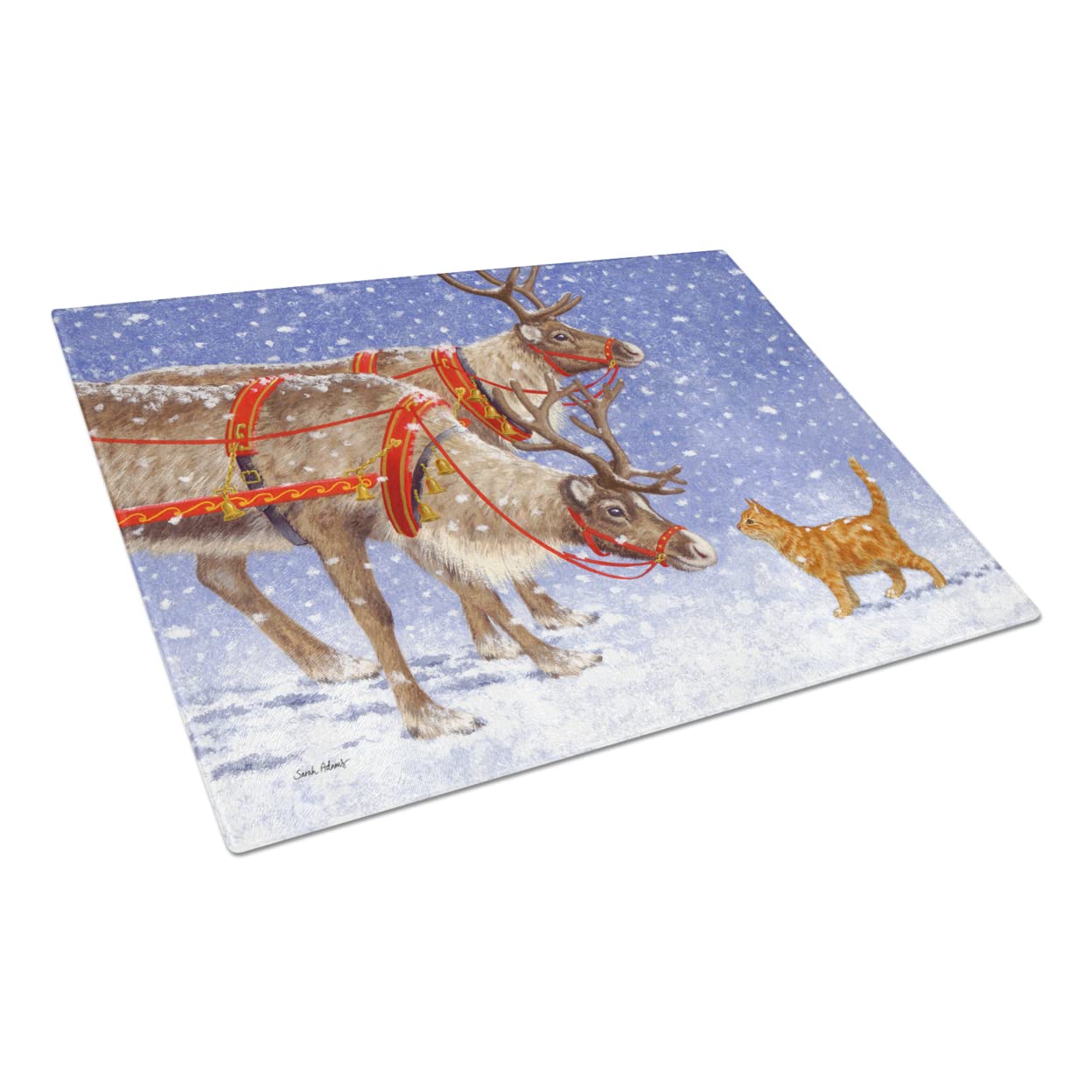 Caroline's Treasures ASA2174LCB Reindeer & Cat Glass Cutting Board Large Decorative Tempered Glass Kitchen Cutting and Serving Board Large Size Chopping Board