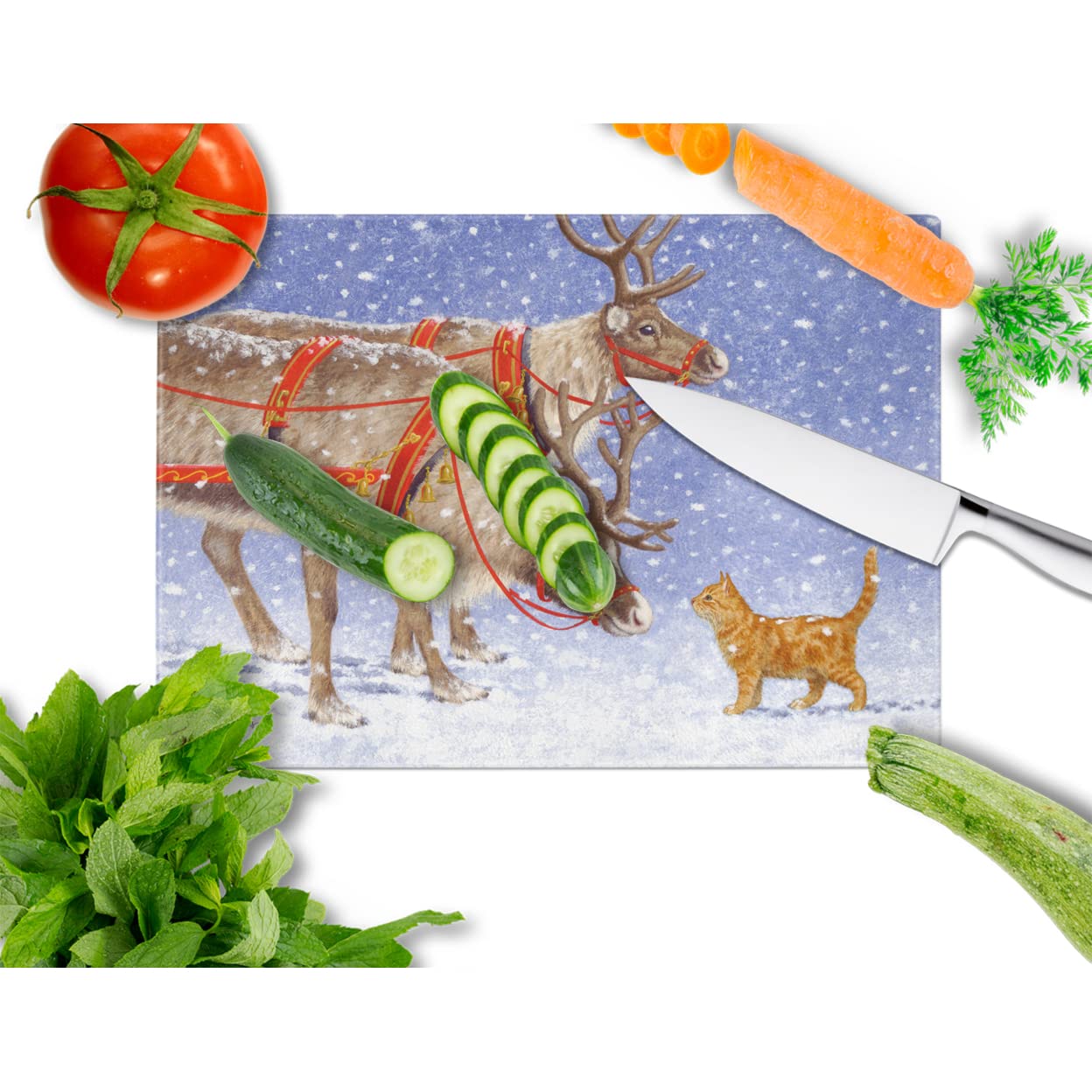 Caroline's Treasures ASA2174LCB Reindeer & Cat Glass Cutting Board Large Decorative Tempered Glass Kitchen Cutting and Serving Board Large Size Chopping Board