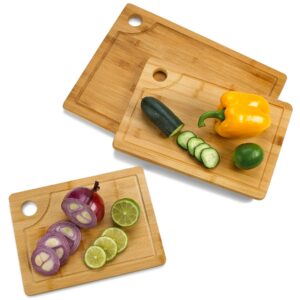 premium bamboo cutting and serving boards set of 3 (large 12x16, medium 9x13 and small 8x11) kitchen wood chopping boards with juice grooves.