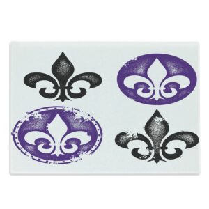 ambesonne fleur de lis cutting board, arrangement of fleur de lis designs silhouettes vintage spiral art, decorative tempered glass cutting and serving board, large size, black purple