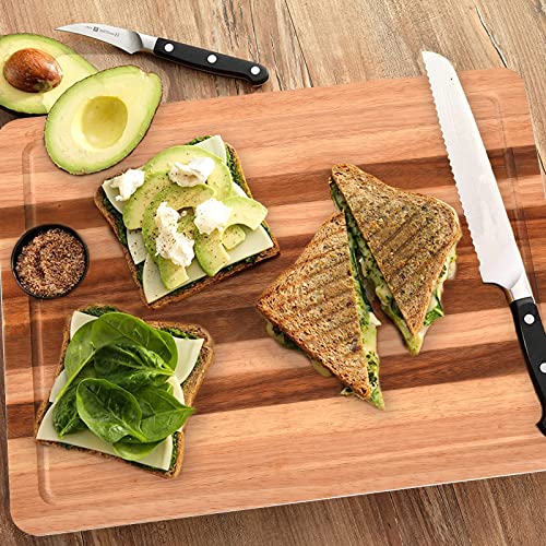 Large Acacia Oak Wood Cutting Board for Kitchen Multipurpose Chopping Board with Juice Groove & Built-in well for Meat, Cracker, Vegetables and Cheese, 15 x 12 x 1.5 Inch