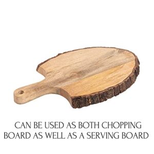 GoCraft Wooden Cutting Board with Tree Bark Rim | Paddle Shaped Mango Wood Live Edge Chopping, Prep, Serve Board with Handle | Charcuterie Platter - 16.75" x 9"