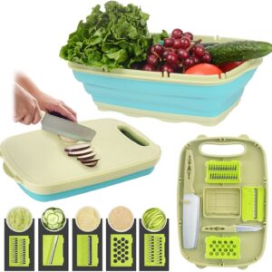 BUYONE Collapsible Cutting Board, Foldable Chopping with Colander, 9-In-1 Multi Kitchen Vegetable Washing Basket Silicone Dish Tub for Camping, Picnic, BBQ, Kitchen-Green, LSBL1T, One Size