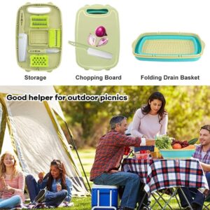 BUYONE Collapsible Cutting Board, Foldable Chopping with Colander, 9-In-1 Multi Kitchen Vegetable Washing Basket Silicone Dish Tub for Camping, Picnic, BBQ, Kitchen-Green, LSBL1T, One Size