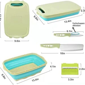 BUYONE Collapsible Cutting Board, Foldable Chopping with Colander, 9-In-1 Multi Kitchen Vegetable Washing Basket Silicone Dish Tub for Camping, Picnic, BBQ, Kitchen-Green, LSBL1T, One Size