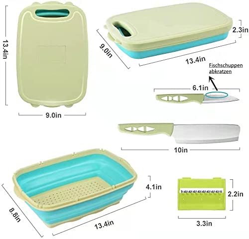 BUYONE Collapsible Cutting Board, Foldable Chopping with Colander, 9-In-1 Multi Kitchen Vegetable Washing Basket Silicone Dish Tub for Camping, Picnic, BBQ, Kitchen-Green, LSBL1T, One Size