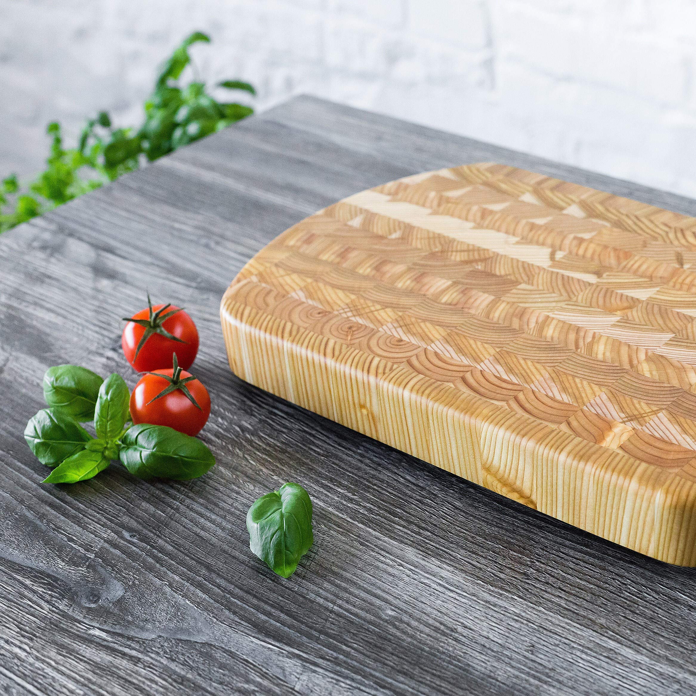 Larch Wood Canada End Grain Curve Cutting Board, Handcrafted for Professional Chefs & Home Cooking, 15" x 9-1/2" x 1-1/2" plus Larch Wood Beeswax and Mineral Oil Conditioner (1.6 oz/ 45g)