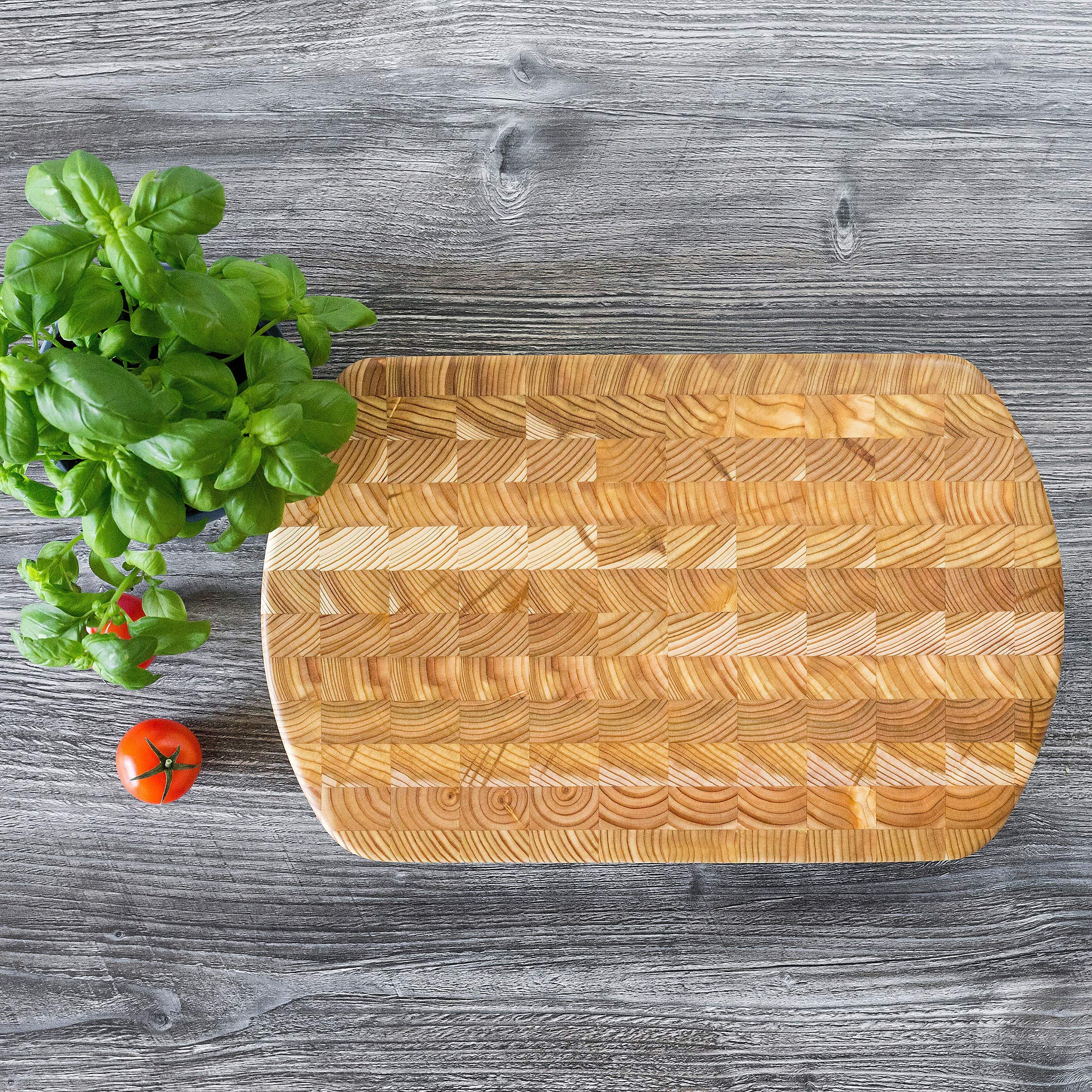 Larch Wood Canada End Grain Curve Cutting Board, Handcrafted for Professional Chefs & Home Cooking, 15" x 9-1/2" x 1-1/2" plus Larch Wood Beeswax and Mineral Oil Conditioner (1.6 oz/ 45g)