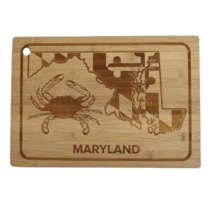 route one apparel | crab and maryland state wooden cutting board, heavy duty with juice groove, can be used as serving tray, bamboo wood, 15.5" x 10.75" x 0.5"