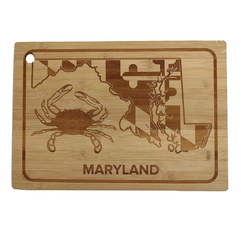 Route One Apparel | Crab and Maryland State Wooden Cutting Board, Heavy Duty with Juice Groove, Can be Used as Serving Tray, Bamboo Wood, 15.5" X 10.75" X 0.5"