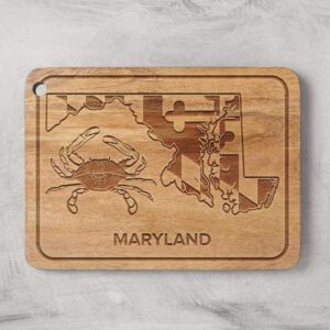 Route One Apparel | Crab and Maryland State Wooden Cutting Board, Heavy Duty with Juice Groove, Can be Used as Serving Tray, Bamboo Wood, 15.5" X 10.75" X 0.5"