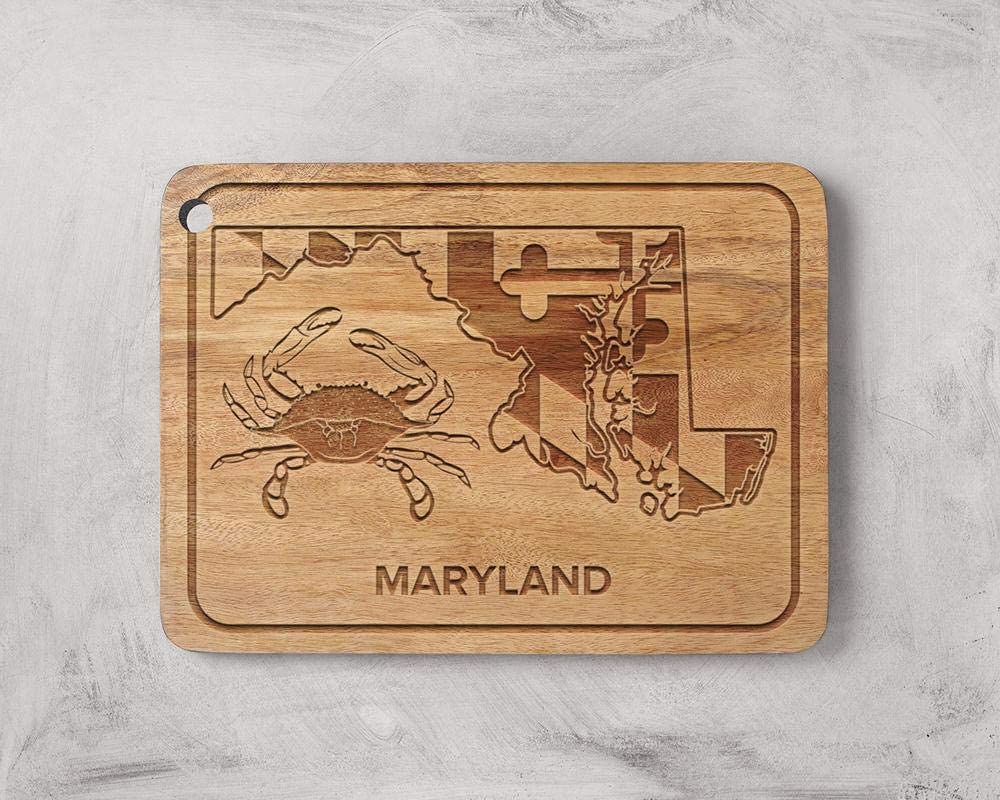 Route One Apparel | Crab and Maryland State Wooden Cutting Board, Heavy Duty with Juice Groove, Can be Used as Serving Tray, Bamboo Wood, 15.5" X 10.75" X 0.5"