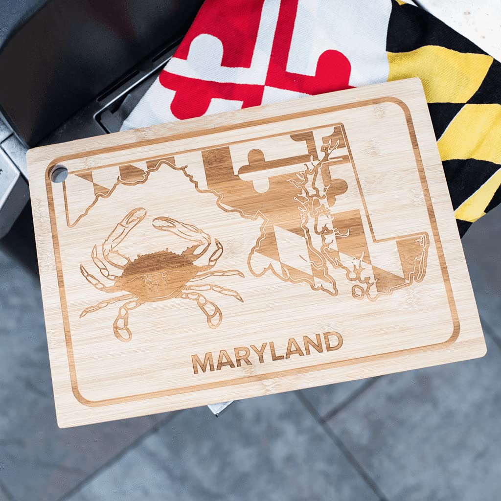 Route One Apparel | Crab and Maryland State Wooden Cutting Board, Heavy Duty with Juice Groove, Can be Used as Serving Tray, Bamboo Wood, 15.5" X 10.75" X 0.5"