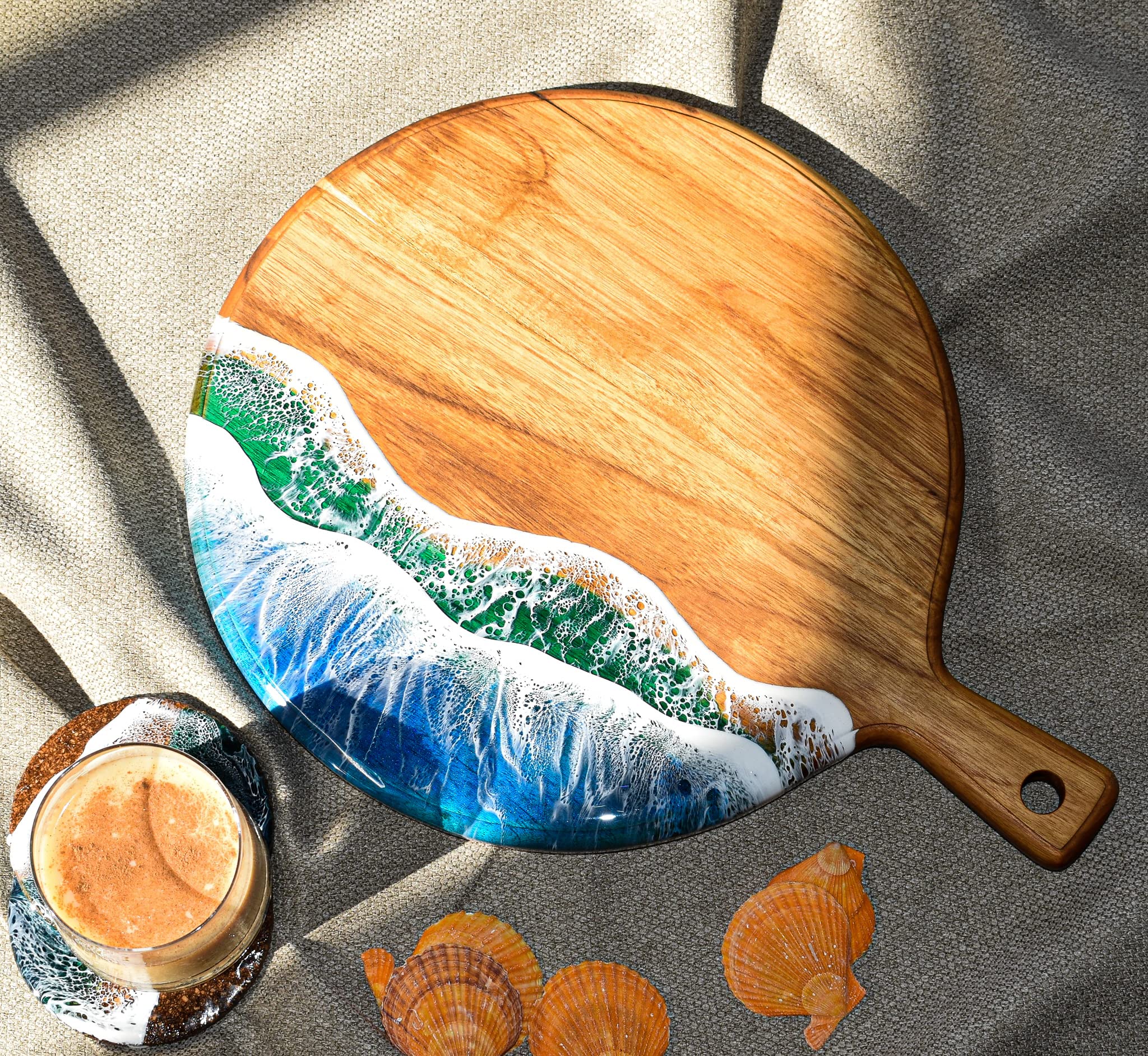 CUTTING BOARD AND CUP HOLDER SET, CHOPPING BOARD AND CUP HOLDER SET, RESIN CUTTING BOARD, CHOPPING BOARD, CUTTING BOARD, OCEAN THEME CUTTING BOARD, CUSTOMIZED CUTTING BOARD, PERSONALIZED CUTTING BOARD