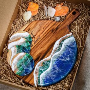 CUTTING BOARD AND CUP HOLDER SET, CHOPPING BOARD AND CUP HOLDER SET, RESIN CUTTING BOARD, CHOPPING BOARD, CUTTING BOARD, OCEAN THEME CUTTING BOARD, CUSTOMIZED CUTTING BOARD, PERSONALIZED CUTTING BOARD