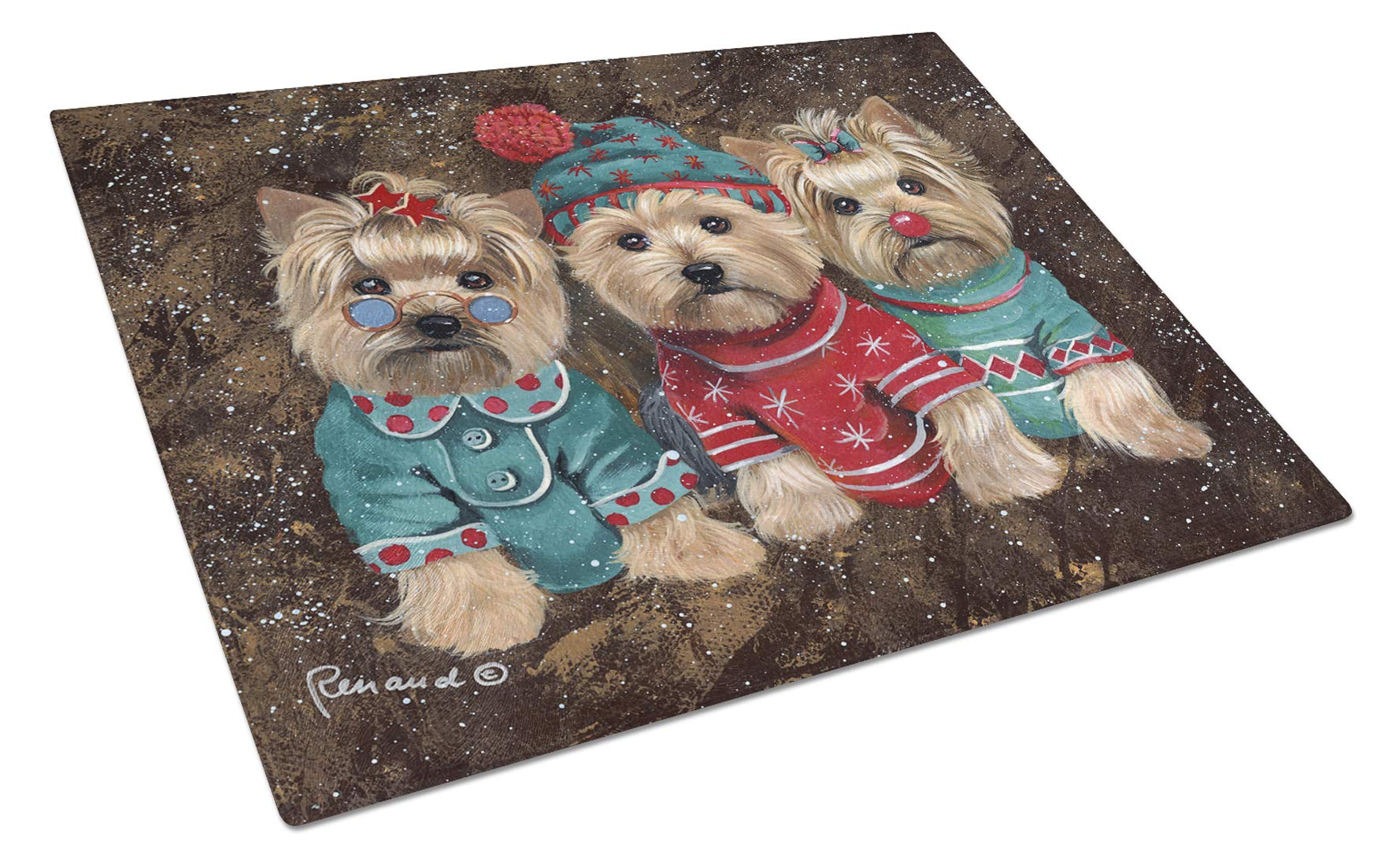 Caroline's Treasures PPP3291LCB Yorkshire Terrier Yorkie Christmas Elves Glass Cutting Board Large Decorative Tempered Glass Kitchen Cutting and Serving Board Large Size Chopping Board