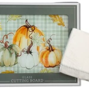 Decorative Glass Kitchen Cutting Board: Modern Farmhouse Pumpkin Gourd Design with Green Plaid Background