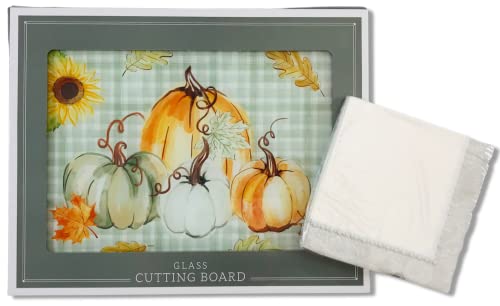 Decorative Glass Kitchen Cutting Board: Modern Farmhouse Pumpkin Gourd Design with Green Plaid Background