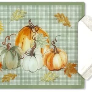 Decorative Glass Kitchen Cutting Board: Modern Farmhouse Pumpkin Gourd Design with Green Plaid Background