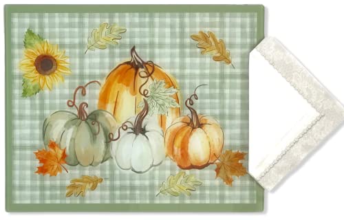 Decorative Glass Kitchen Cutting Board: Modern Farmhouse Pumpkin Gourd Design with Green Plaid Background