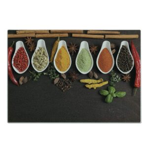 ambesonne spice cutting board, top view image of aromatic herbs and spices arranged horizontally tastes folk food, decorative tempered glass cutting and serving board, small size, multicolor