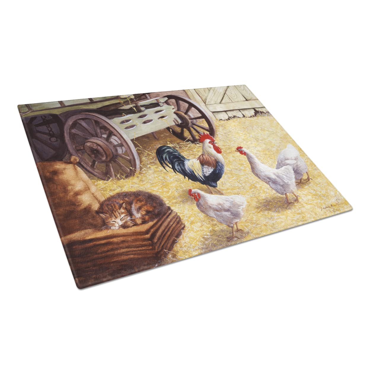 Caroline's Treasures BDBA0339LCB Rooster and Hens Chickens in the Barn Glass Cutting Board Large Decorative Tempered Glass Kitchen Cutting and Serving Board Large Size Chopping Board