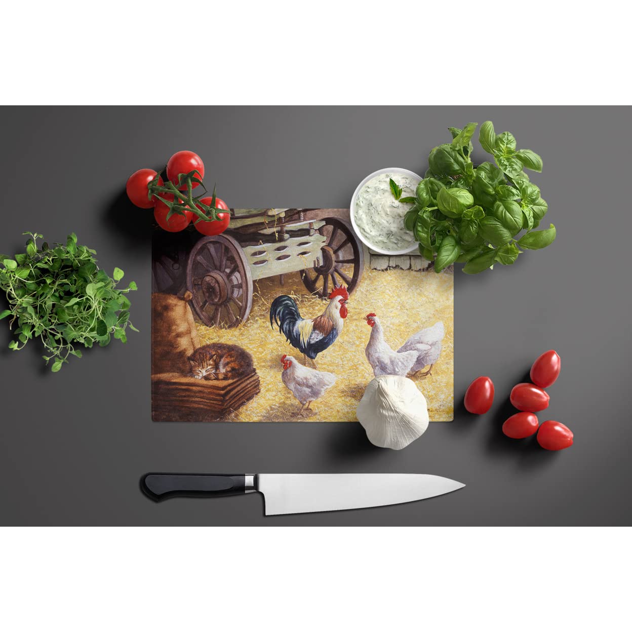 Caroline's Treasures BDBA0339LCB Rooster and Hens Chickens in the Barn Glass Cutting Board Large Decorative Tempered Glass Kitchen Cutting and Serving Board Large Size Chopping Board