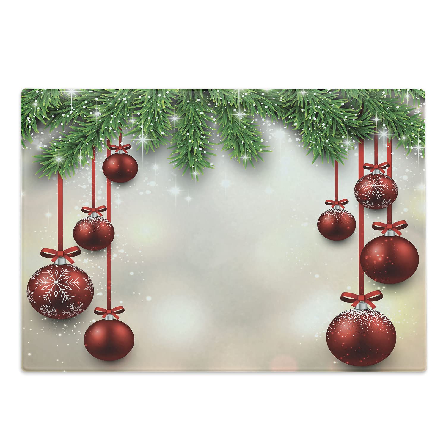 Ambesonne Christmas Cutting Board, Xmas Traditional Winter Season Theme Fir Twigs and Vibrant Balls Graphic Print, Decorative Tempered Glass Cutting and Serving Board, Large Size, Red Green