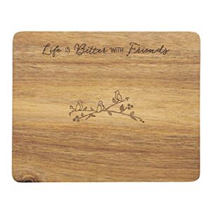 Pavilion Gift Company Life is Better with Friends Birds 7 x 9 Inch Cutting Cheese Board, Set of 4 Forks with Debossed Text, 9", Brown