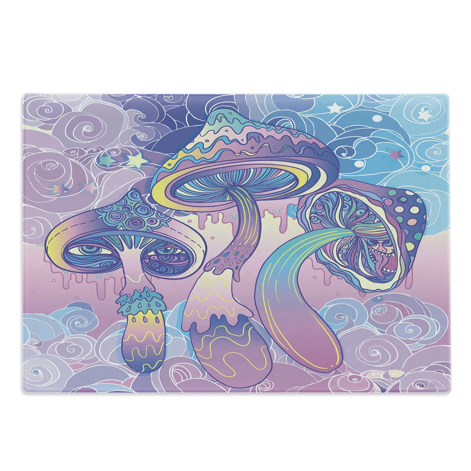 Lunarable Mushroom Cutting Board, Trippy Drawing Hippie Design Sixties Visionary Psychedelic Shamanic, Decorative Tempered Glass Cutting and Serving Board, Large Size, Aqua Pale Pink Purple