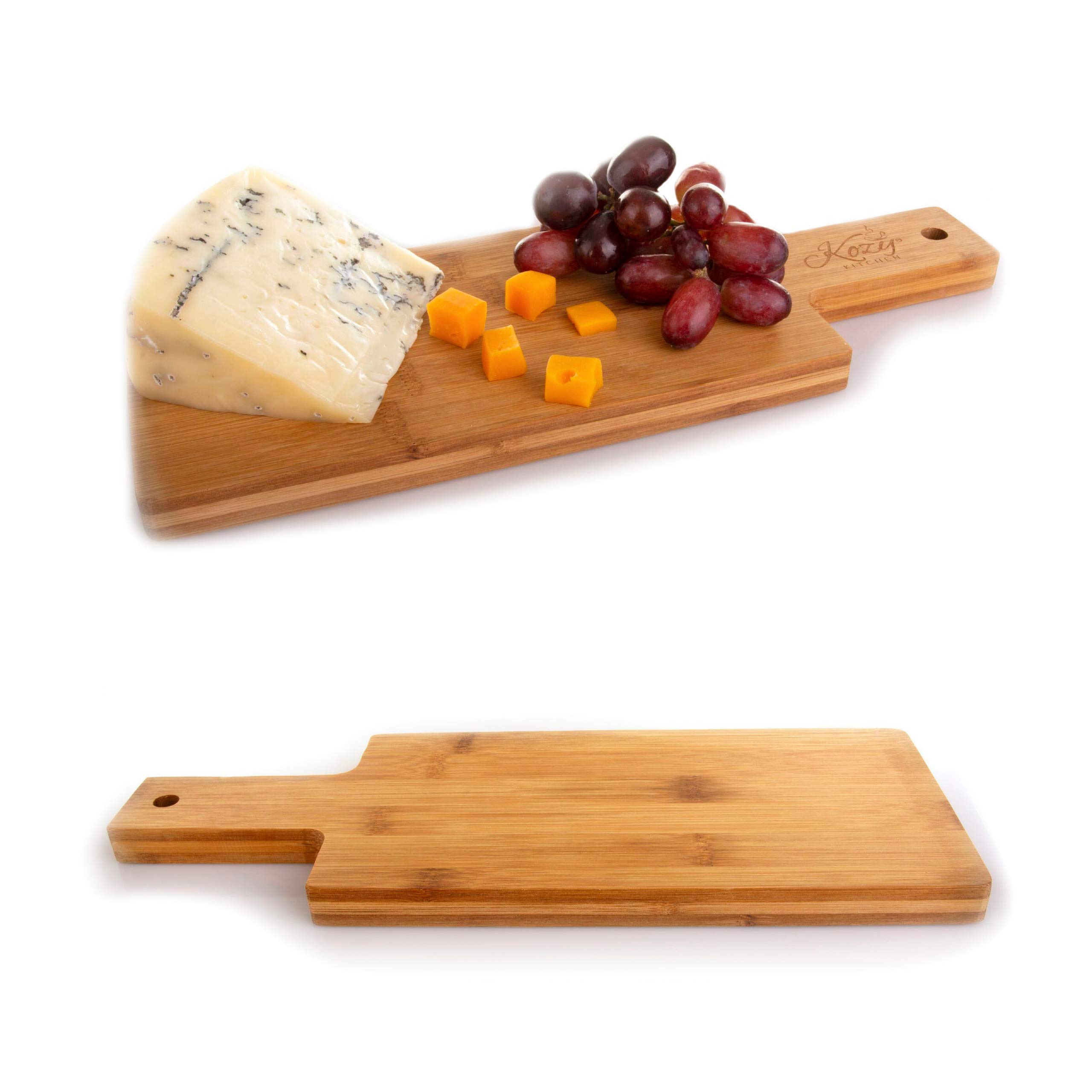 Organic Bamboo Cheese Board- Premium Wooden Cutting Board- Serving Tray- long handle board| reversible design by Kozy Kitchen