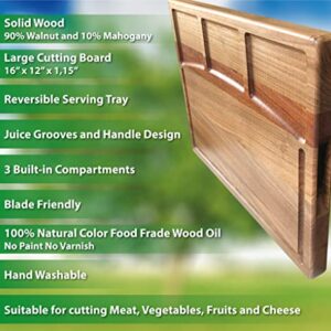 Bilikolik Large Walnut Wood Cutting Board for Kitchen (16x12x1.15) - Reversible Serving Tray - Walnut Cutting Board - Butcher Block - Meat, Vegetables, Fruits, Cheese