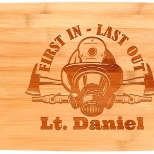 Fire Fighter Gifts For Adults Personalized First In Last Out Firefighter Helmet Big Rectangle Personalized Bamboo Cutting Board