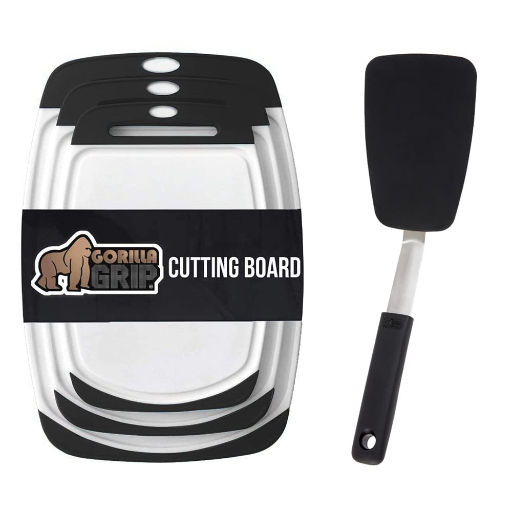 Gorilla Grip Cutting Boards Set of 3 and Silicone Spatula, Cutting Boards are Slip Resistant, Spatula is 11.6 Inch and Heat Resistant, Both in Black Color, 2 Item Bundle