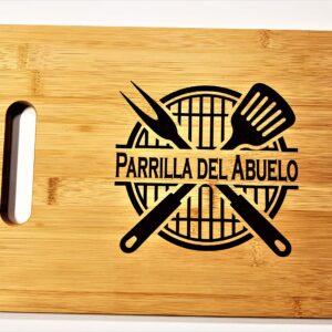 Parrilla del Abuelo Engraved Bamboo Wood 9.5x13 BBQ Cutting Board with Handle for Mexican Spanish Hispanic Grandfather or Father's Day