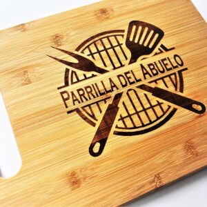 Parrilla del Abuelo Engraved Bamboo Wood 9.5x13 BBQ Cutting Board with Handle for Mexican Spanish Hispanic Grandfather or Father's Day