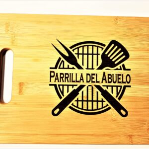 Parrilla del Abuelo Engraved Bamboo Wood 9.5x13 BBQ Cutting Board with Handle for Mexican Spanish Hispanic Grandfather or Father's Day