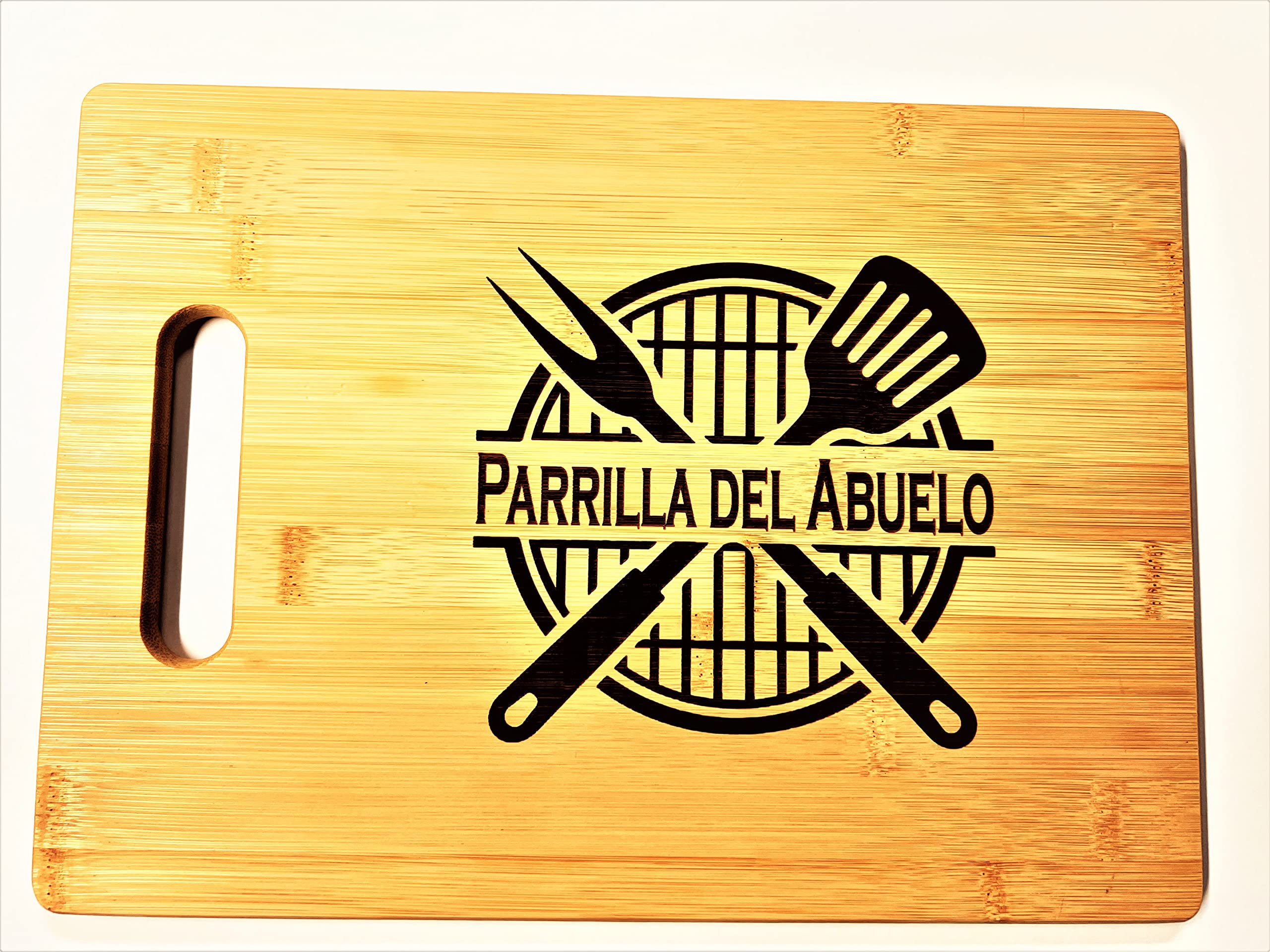 Parrilla del Abuelo Engraved Bamboo Wood 9.5x13 BBQ Cutting Board with Handle for Mexican Spanish Hispanic Grandfather or Father's Day