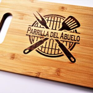 Parrilla del Abuelo Engraved Bamboo Wood 9.5x13 BBQ Cutting Board with Handle for Mexican Spanish Hispanic Grandfather or Father's Day