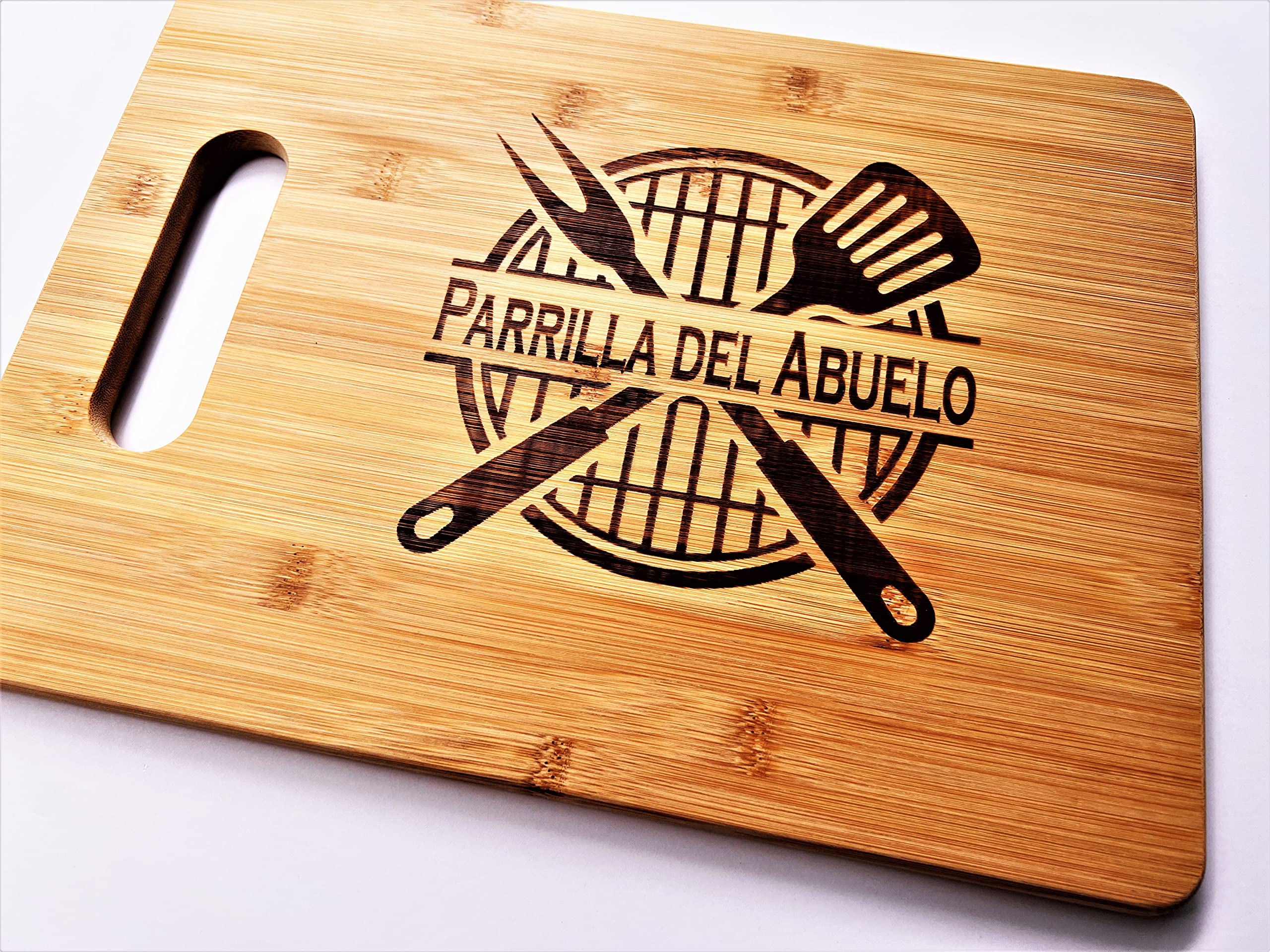 Parrilla del Abuelo Engraved Bamboo Wood 9.5x13 BBQ Cutting Board with Handle for Mexican Spanish Hispanic Grandfather or Father's Day